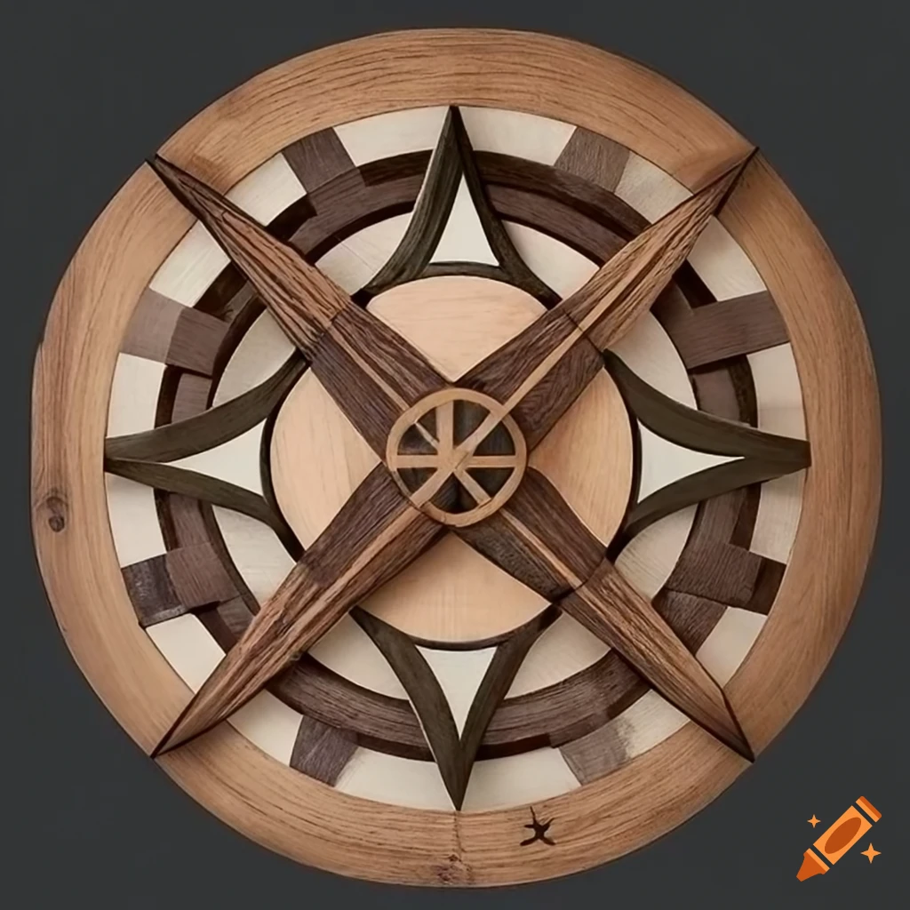 Large wooden compass with cultural motifs and inspirational quotes ...