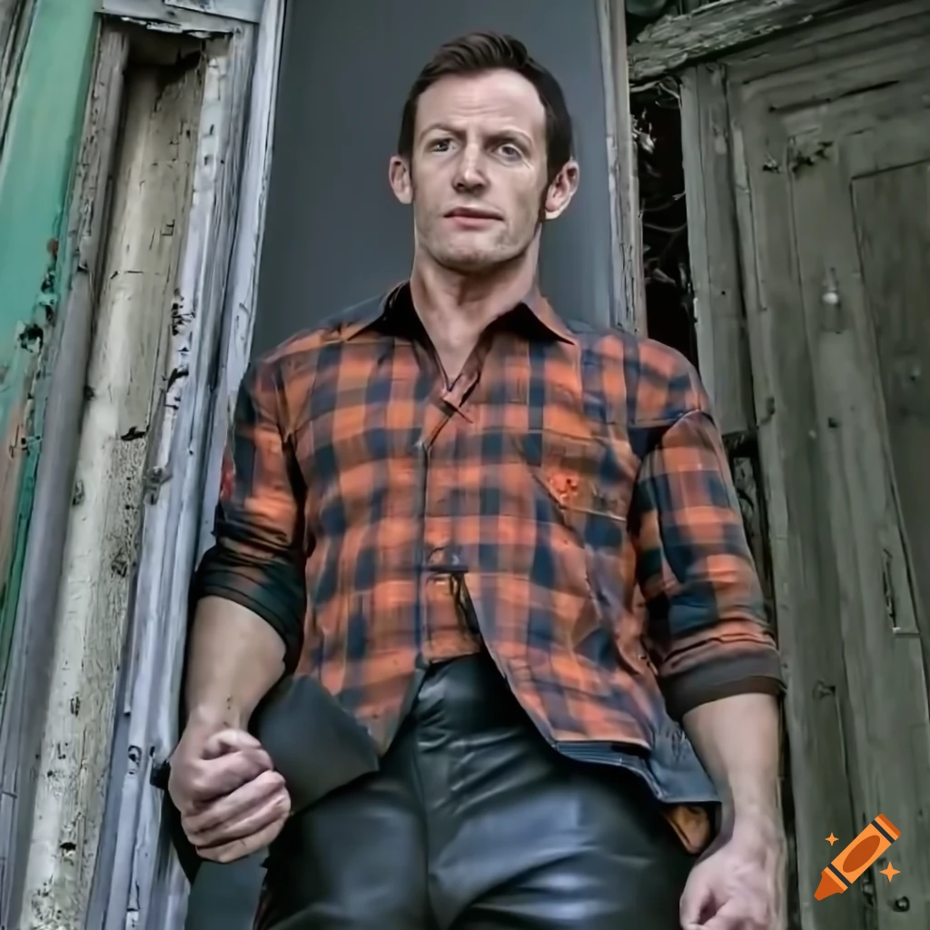Actor resembling Jason Isaacs at age 20 in an orange plaid shirt and ...