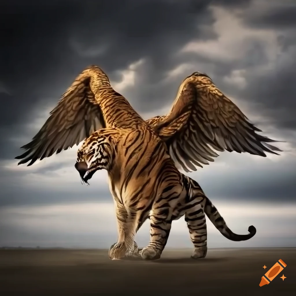 Hybrid tiger-raptor with metal wings in the African savanna under ...