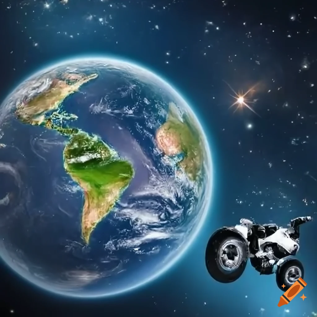 Motorcycles floating in space with planet earth in the background on ...