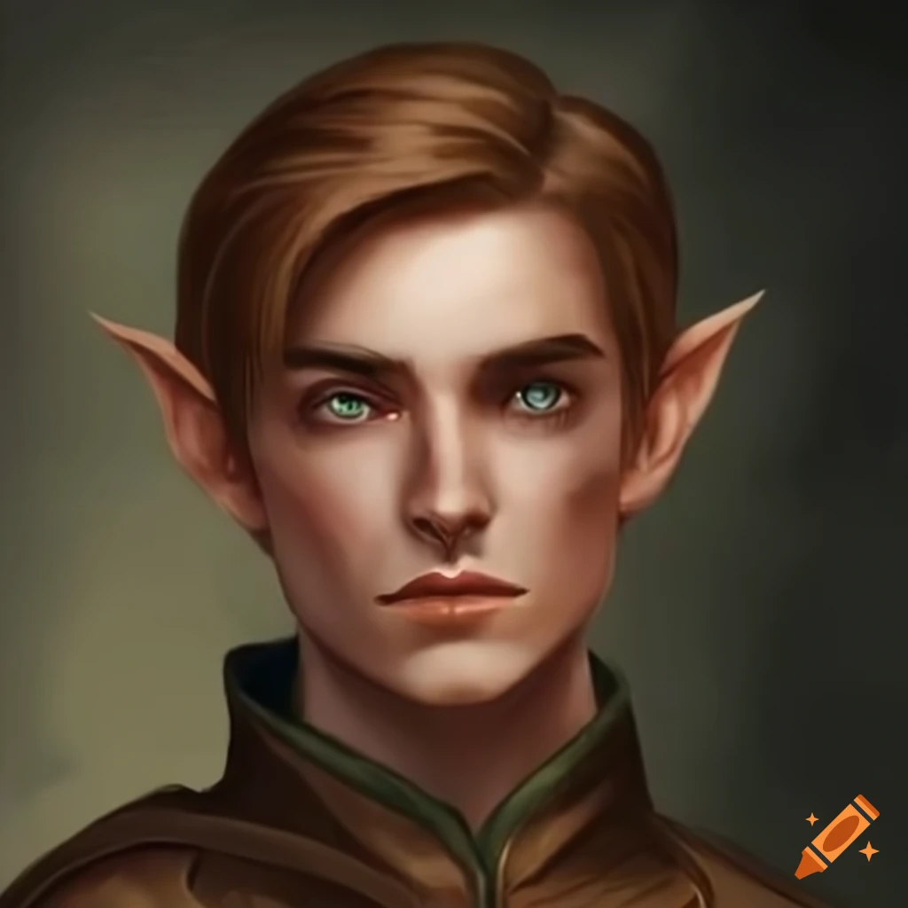 Half Elf Half Human man with brown wavy hair and green eyes practicing ...