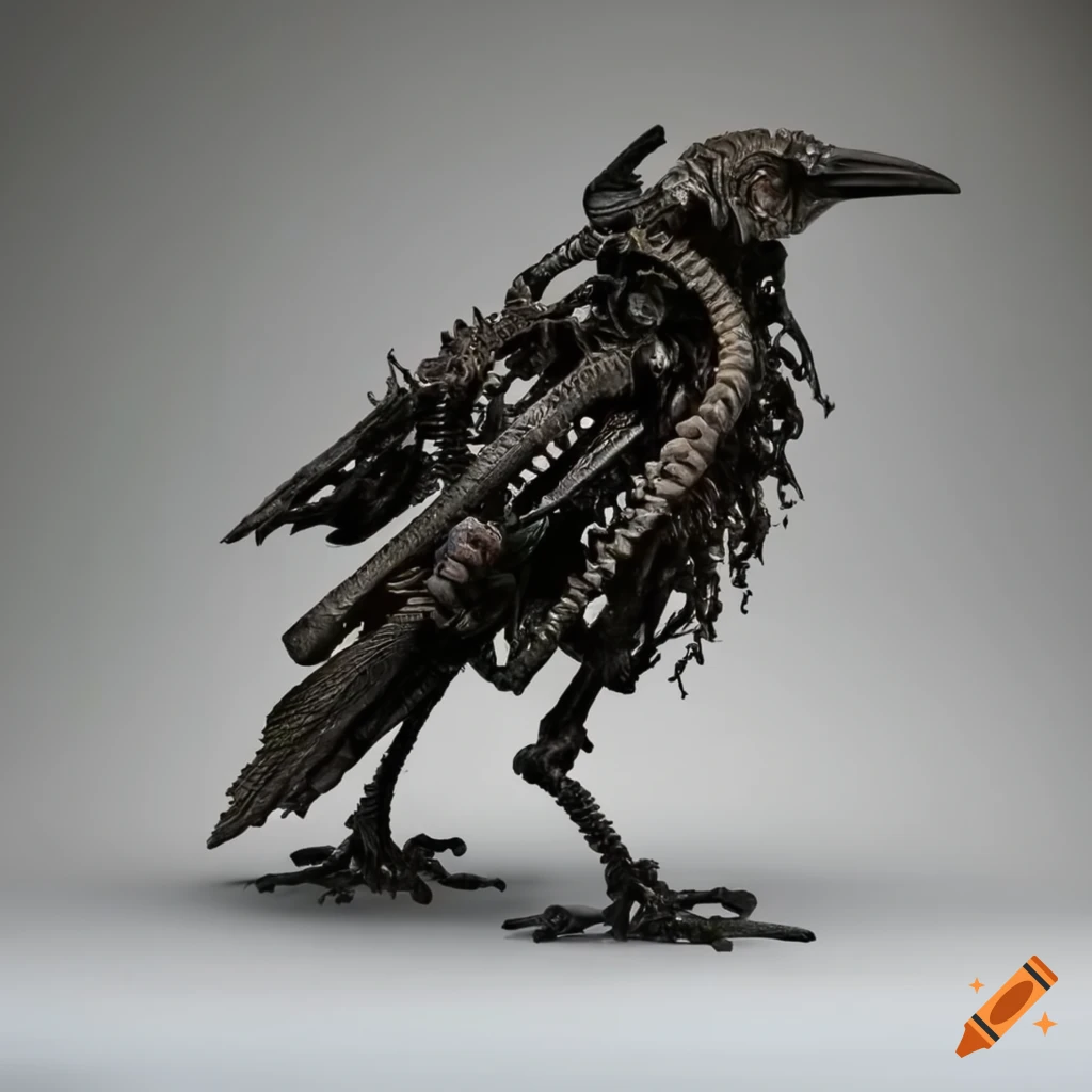 Biomechanical corroded crow sculpture crafted from scrap metal on Craiyon