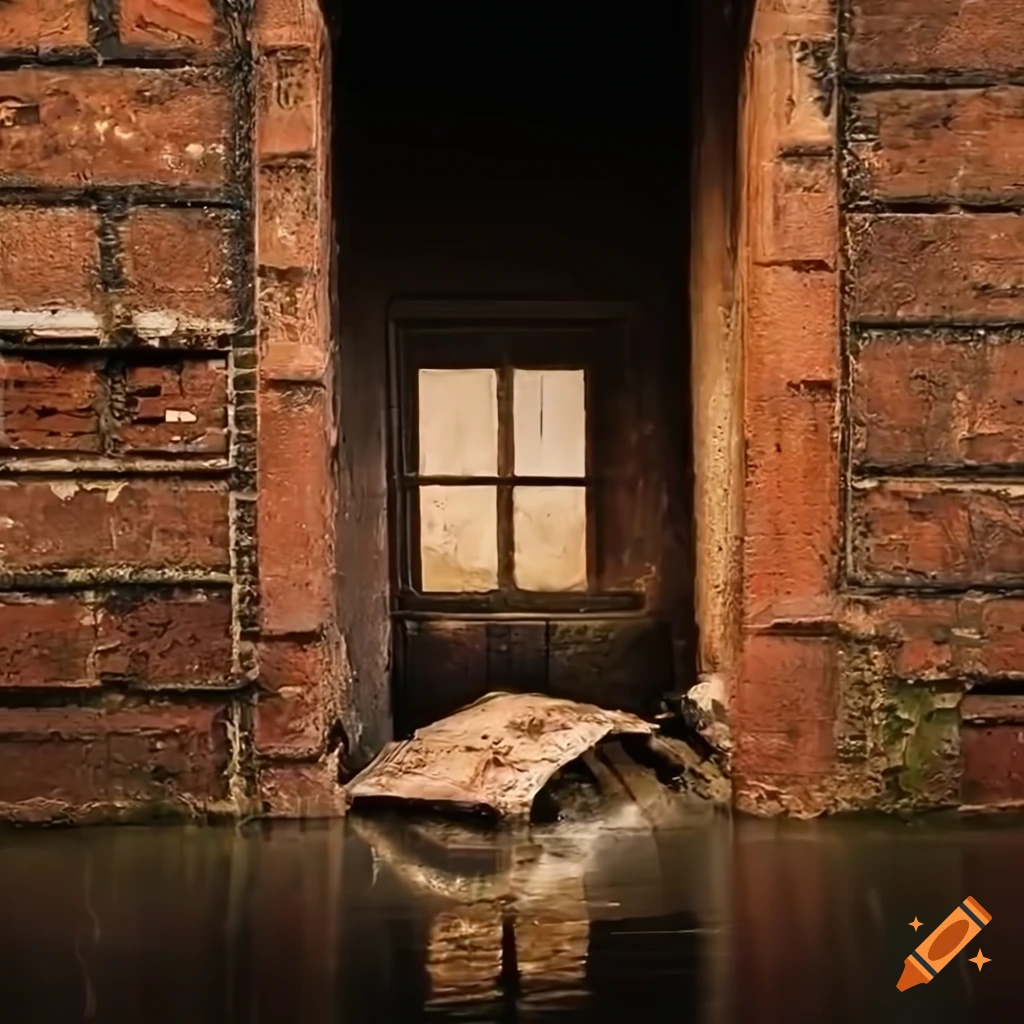 Destroyed couch in flooded brick doorway with sinking buildings in an ...