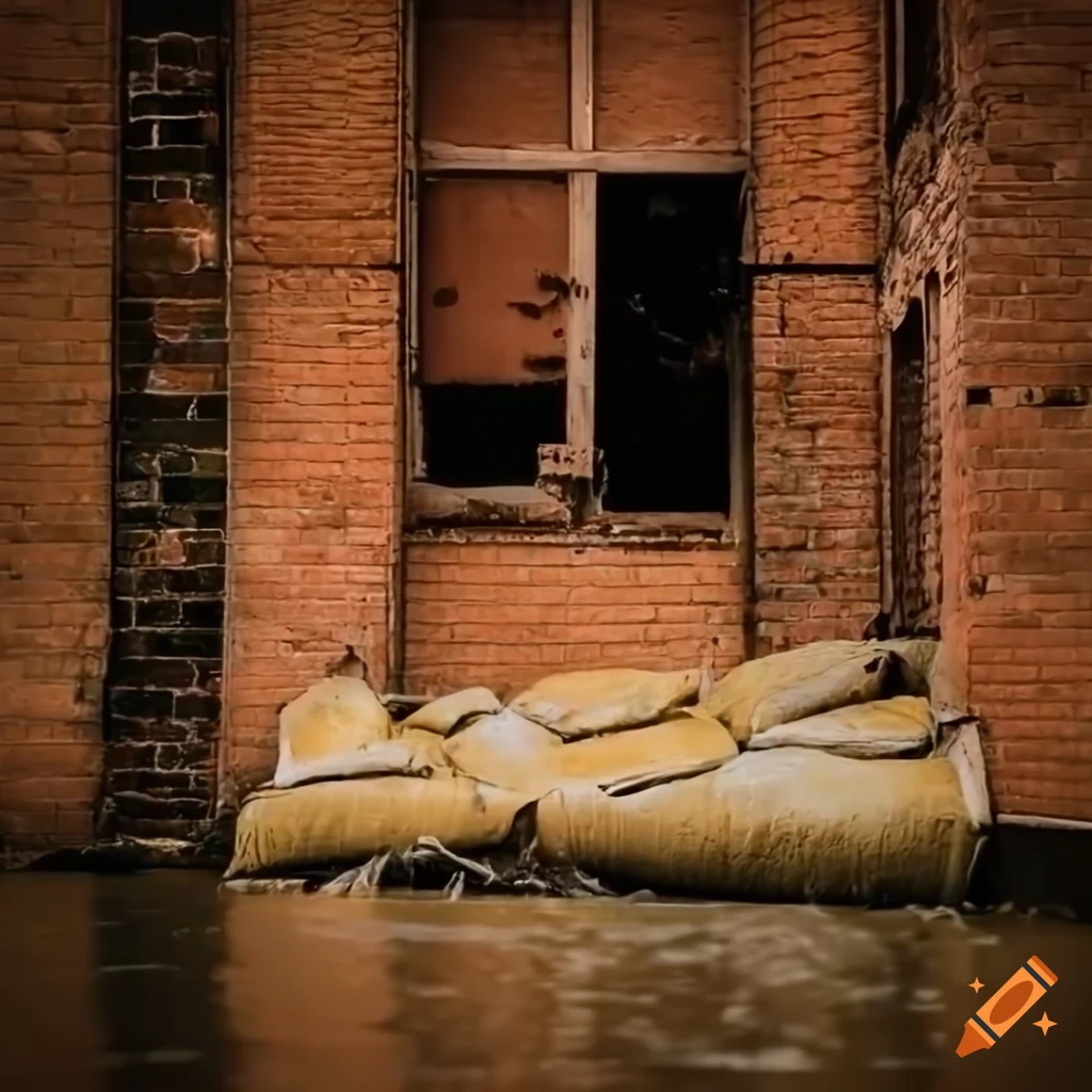 Close-up of destroyed couch in flooded brick doorway with abandoned ...