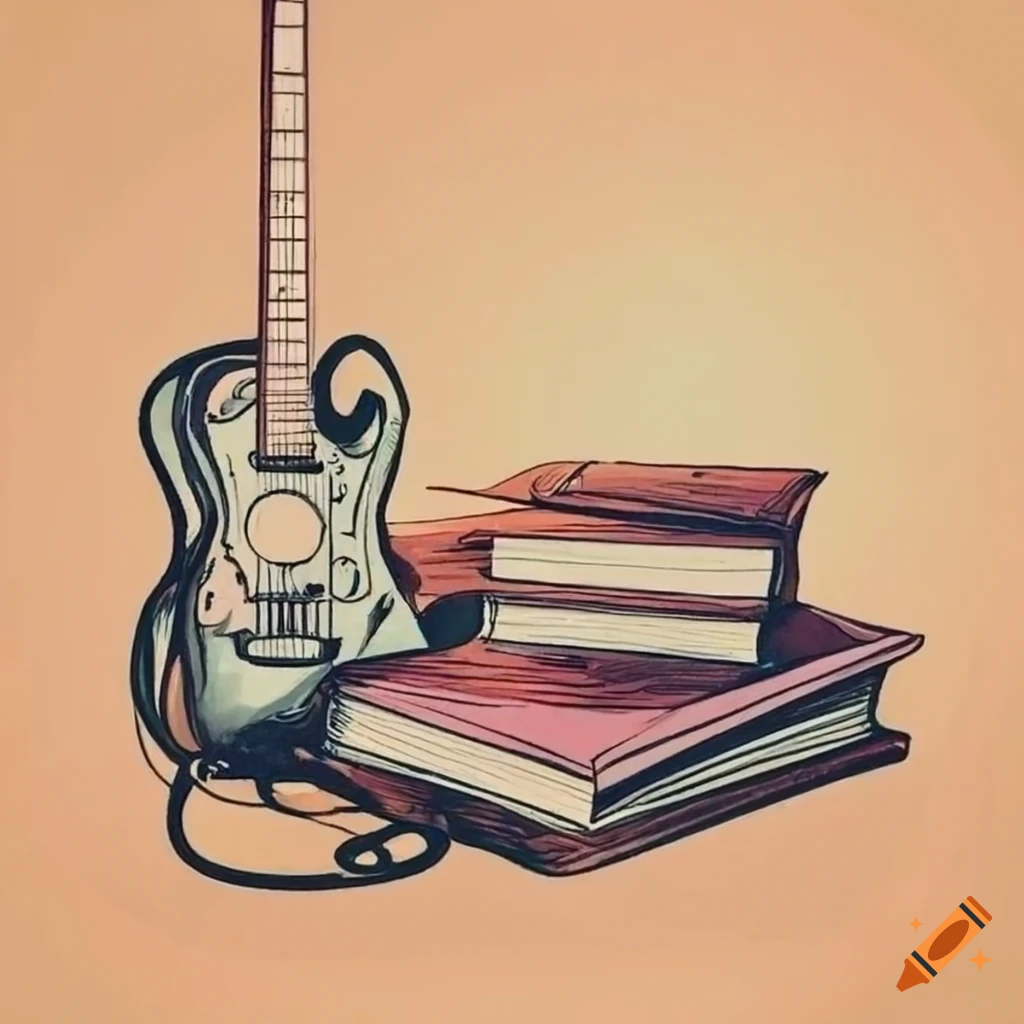 Detailed line drawing of guitar pedals and books on a table on Craiyon