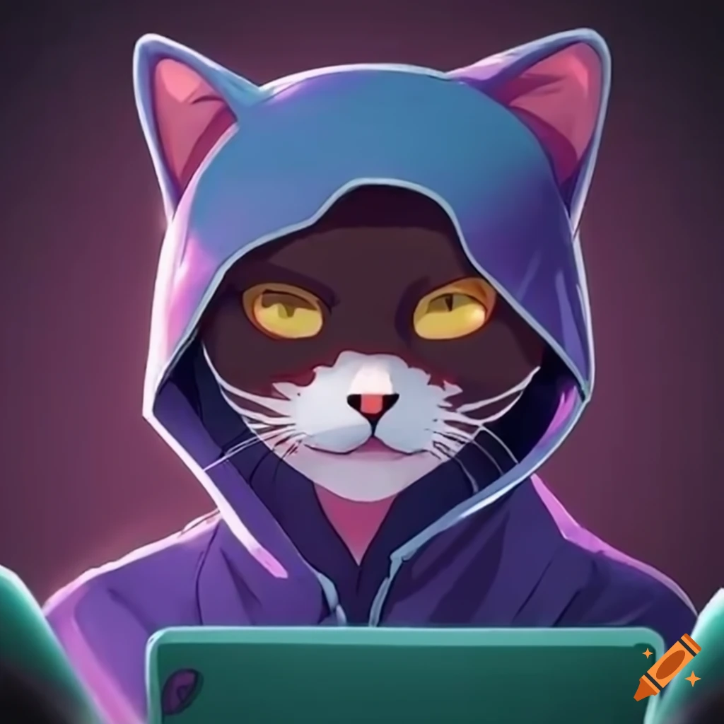 Masked cat using a pc for hacking on Craiyon