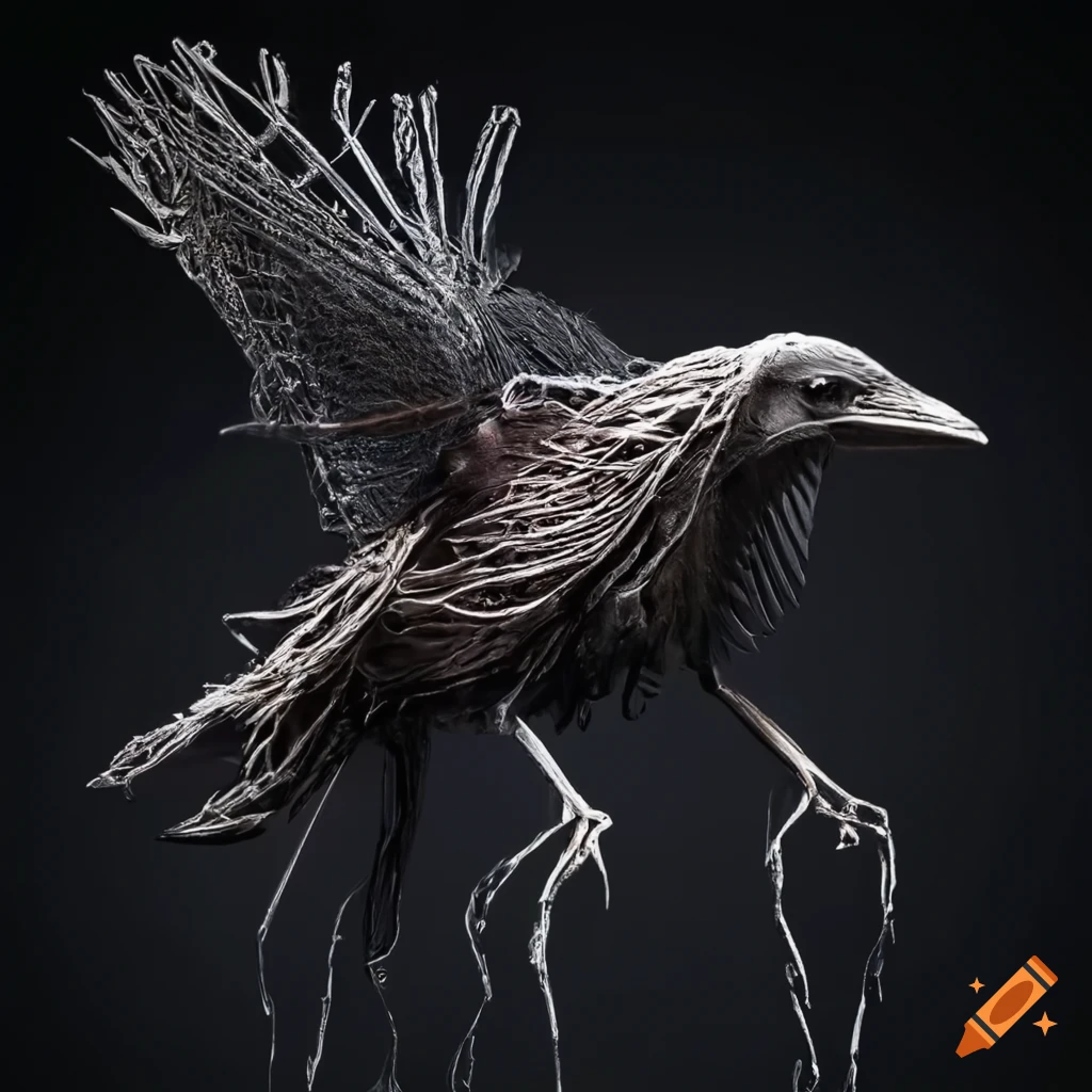 Biomechanical decomposed flying crow made of mesh, wires, and dripping ...