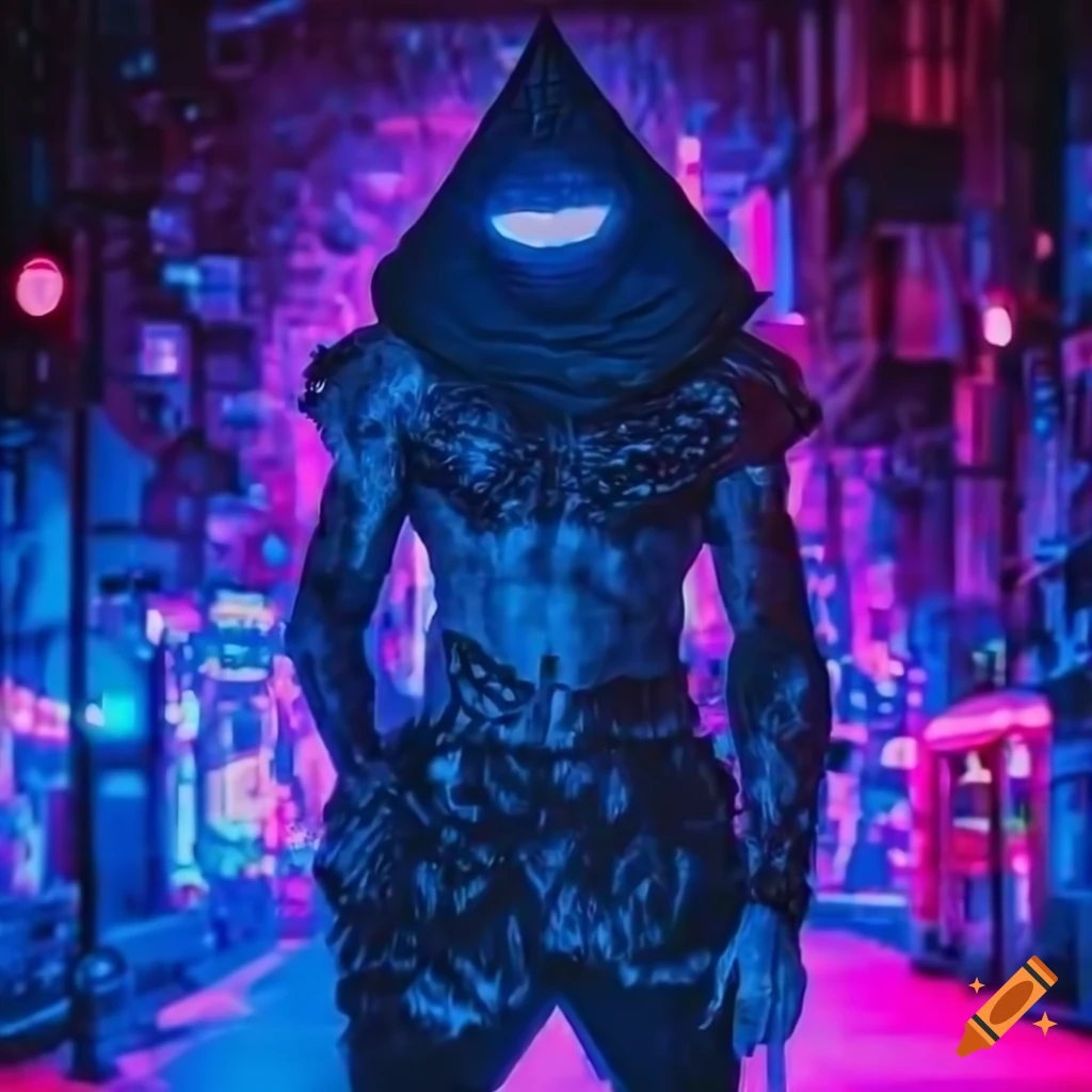 Mysterious male wolf deity ninja in a neon-lit cyberpunk cityscape on ...