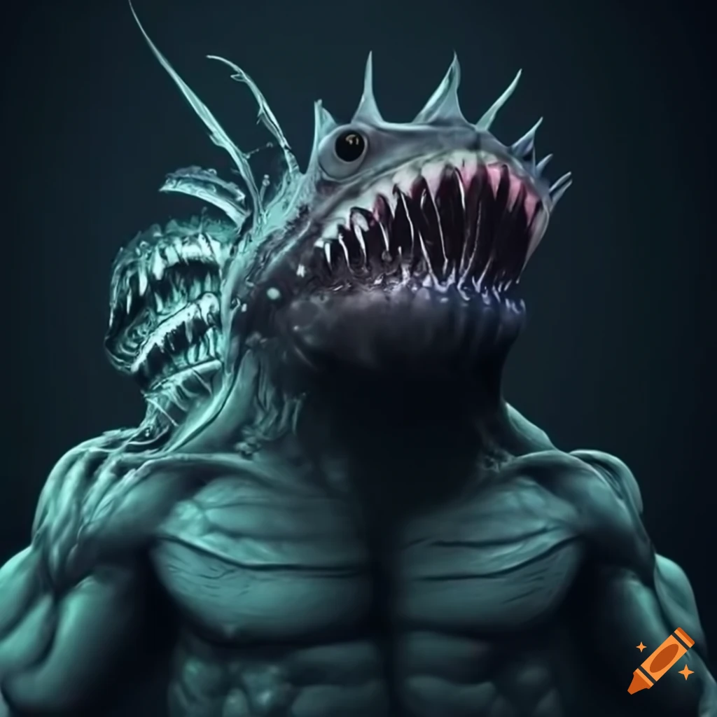 Muscular humanoid anglerfish deep sea monster with glowing black ...