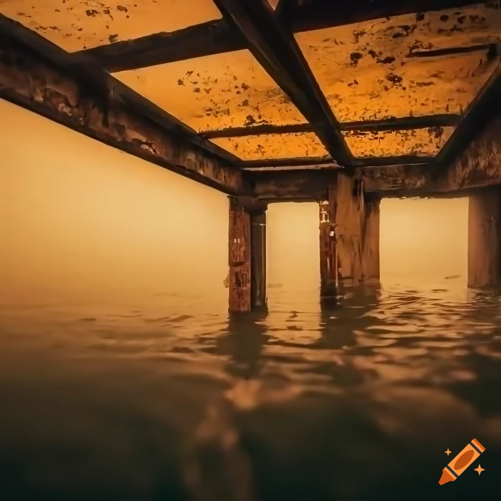 View of flooded rooftop with sinking buildings in glowing fog on Craiyon