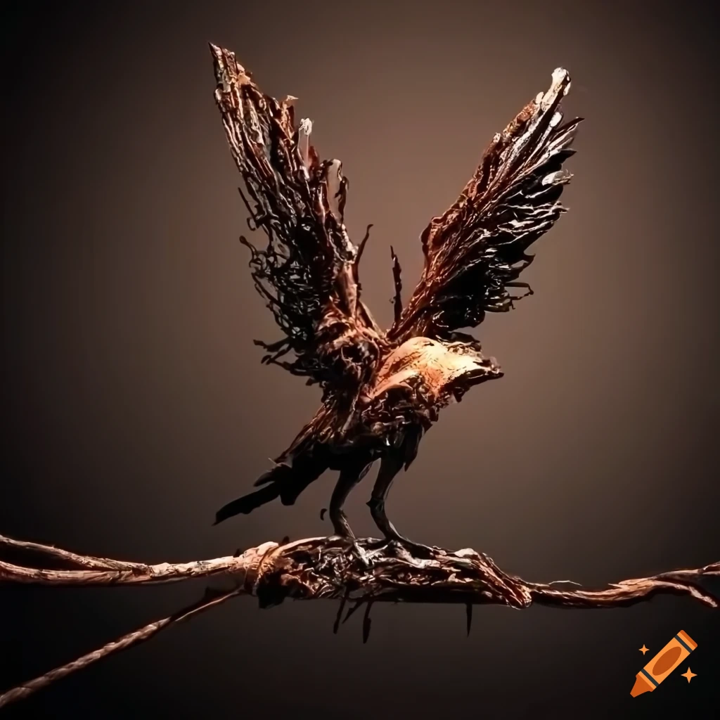 Bio mechanical decomposed flying crow made of twigs, electrical cables ...