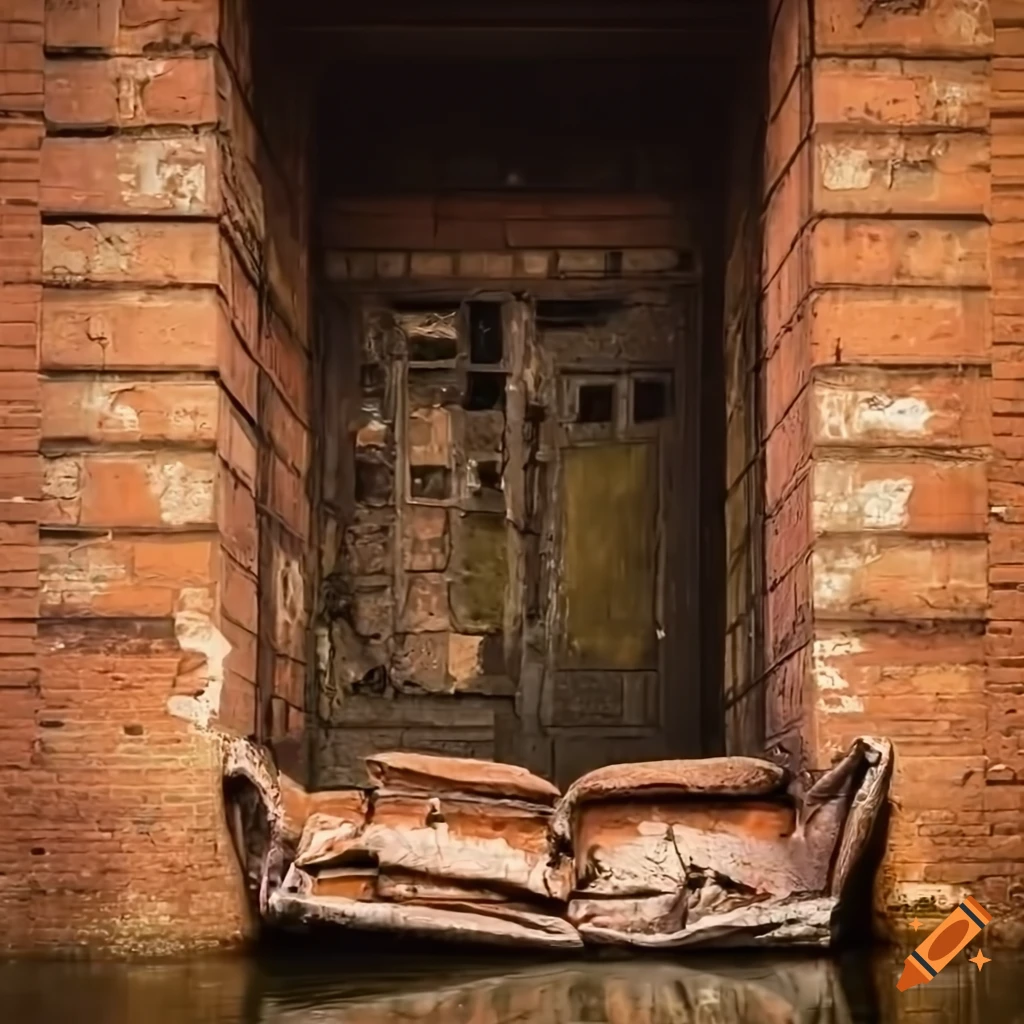 Close up of a destroyed couch in a flooded doorway with abandoned ...