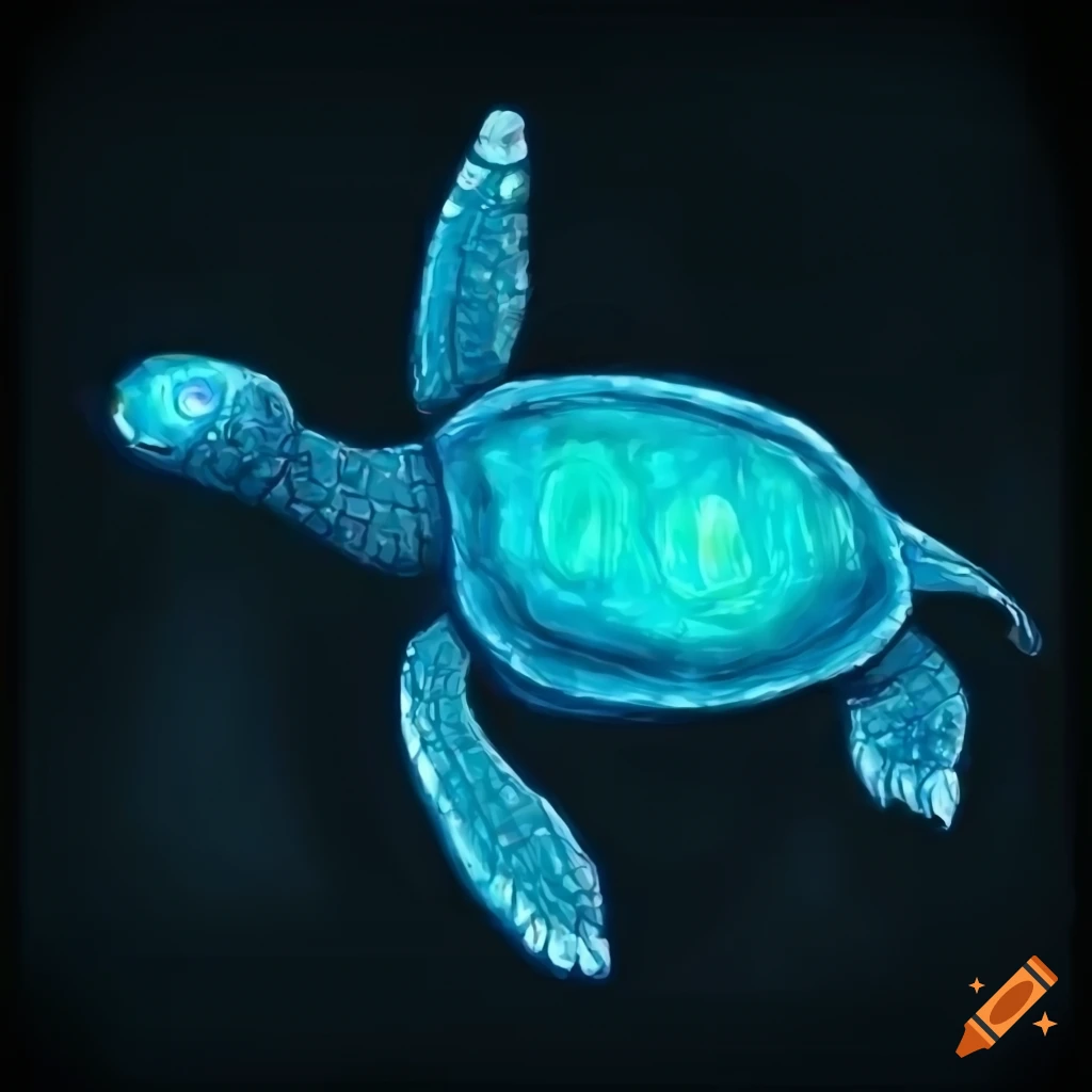 Glowing blue baby turtle in a sci-fi realism rough sketch on Craiyon