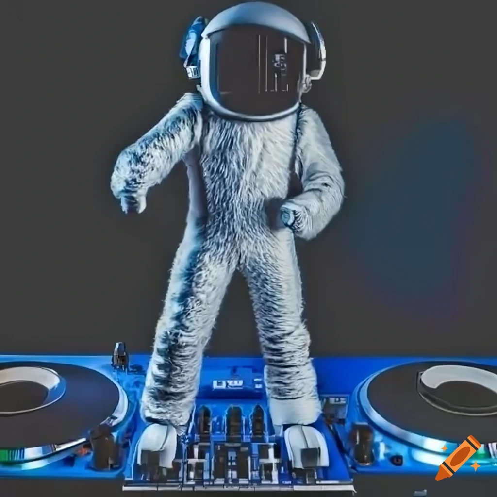Spaceman with dj mixer and headphones playing music with fur background ...
