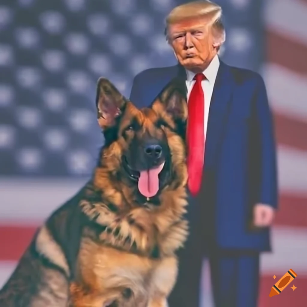 Donald trump standing next to shepherd dog with american flag ...