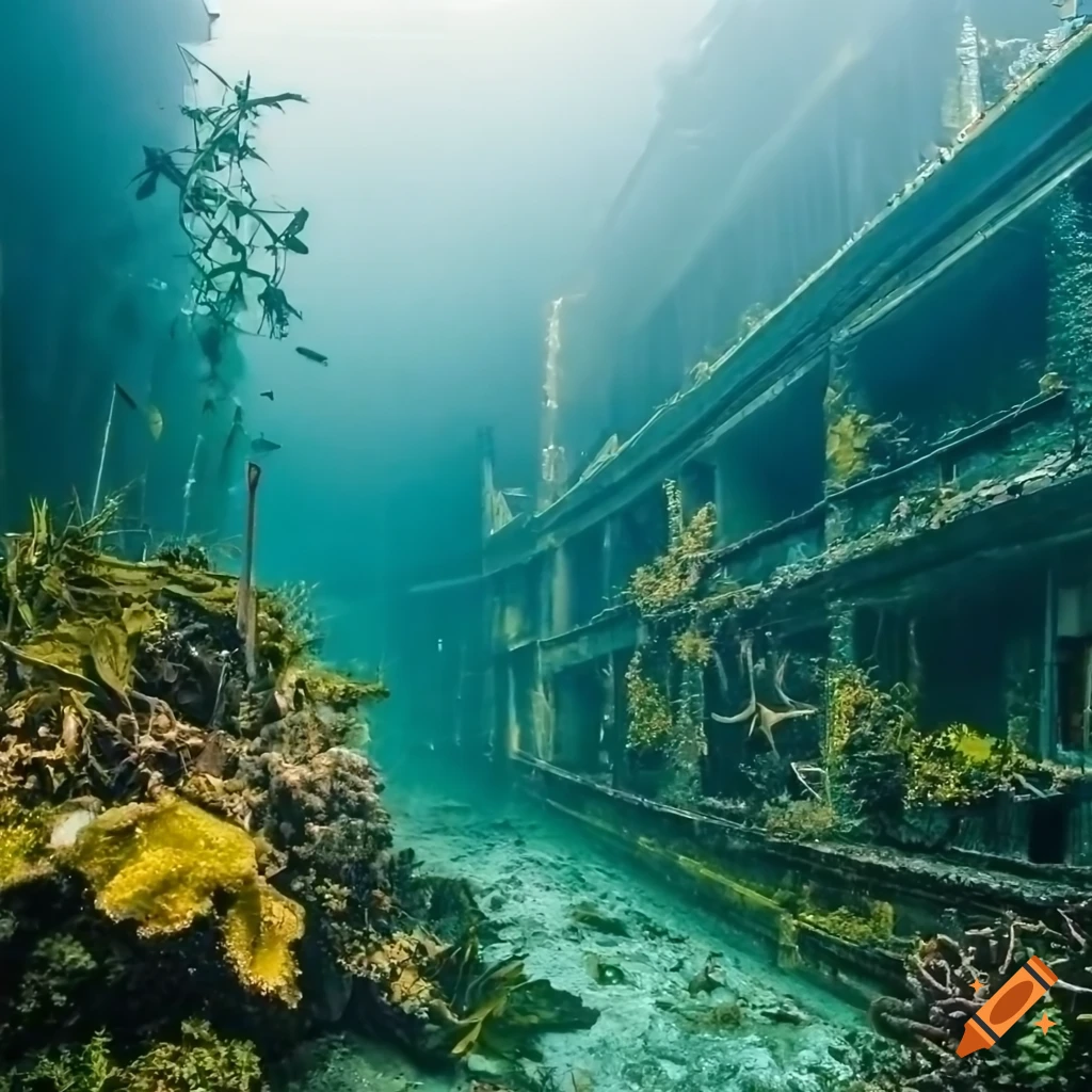 Underwater alley with submerged buildings, corals, and seaweed in a ...