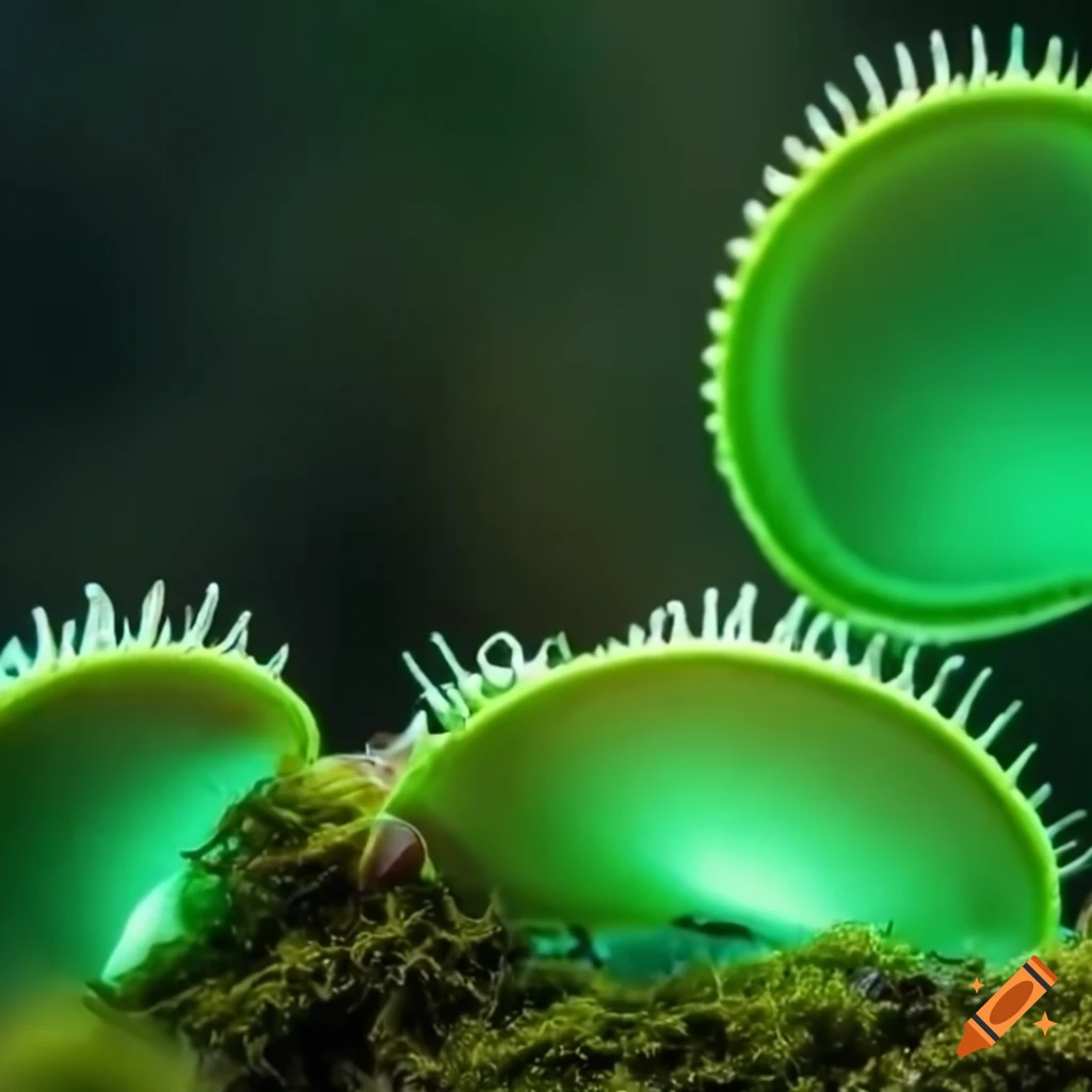 Glowing biopunk Venus flytrap creature in a moss-covered cityscape on Craiyon