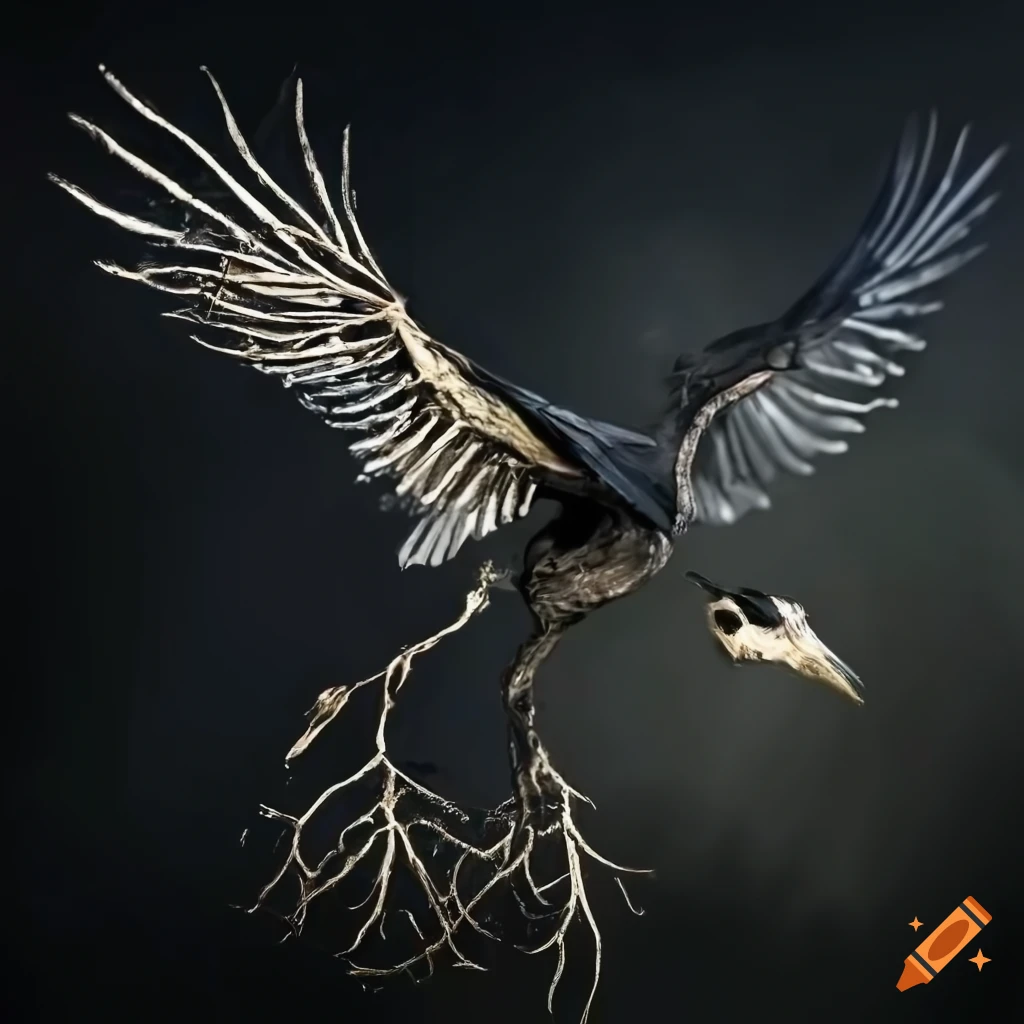 Skeletal raven in flight made from roots, vines, and lace mesh on Craiyon