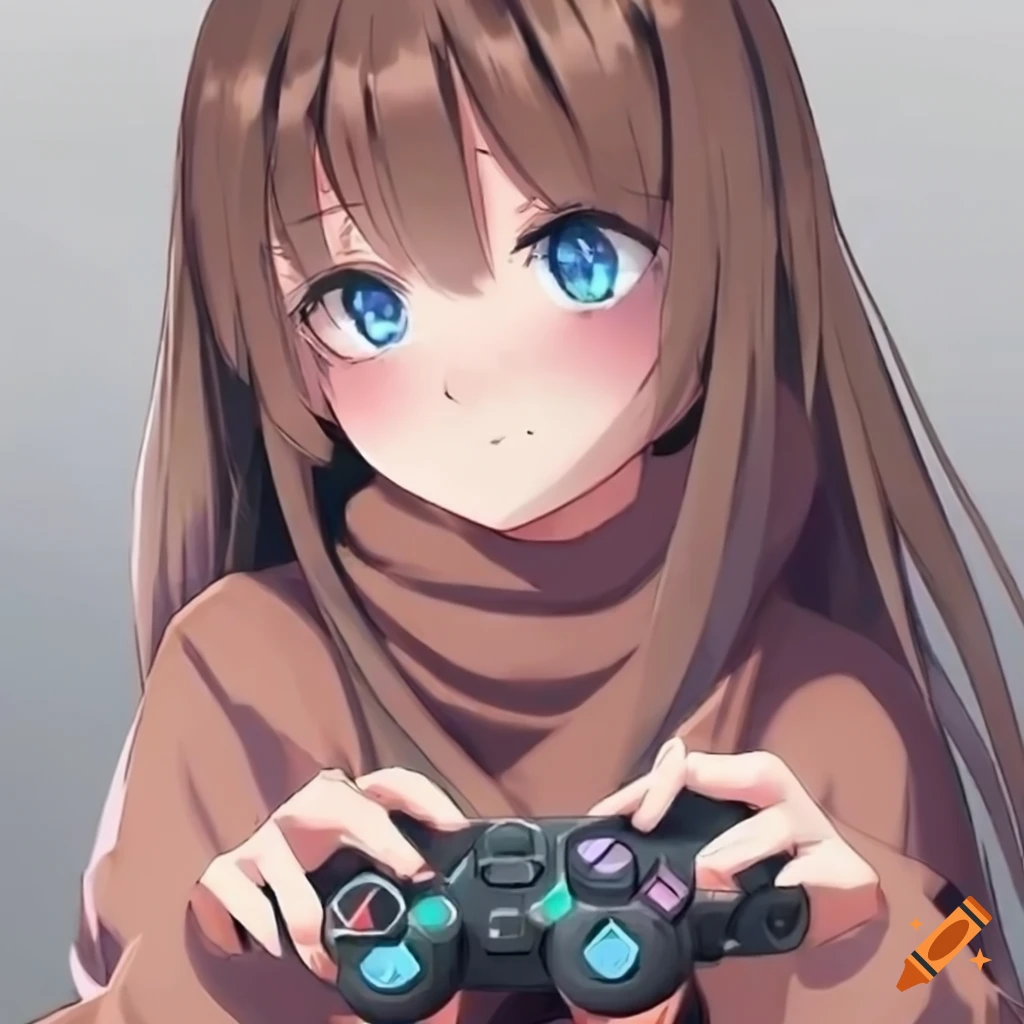 Anime girl with blue eyes and brown hair holding a playstation ...