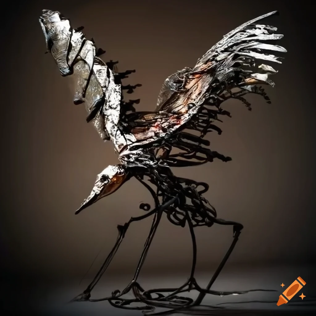 Bio mechanical decomposed flying crow made of scrap metal and mesh on ...