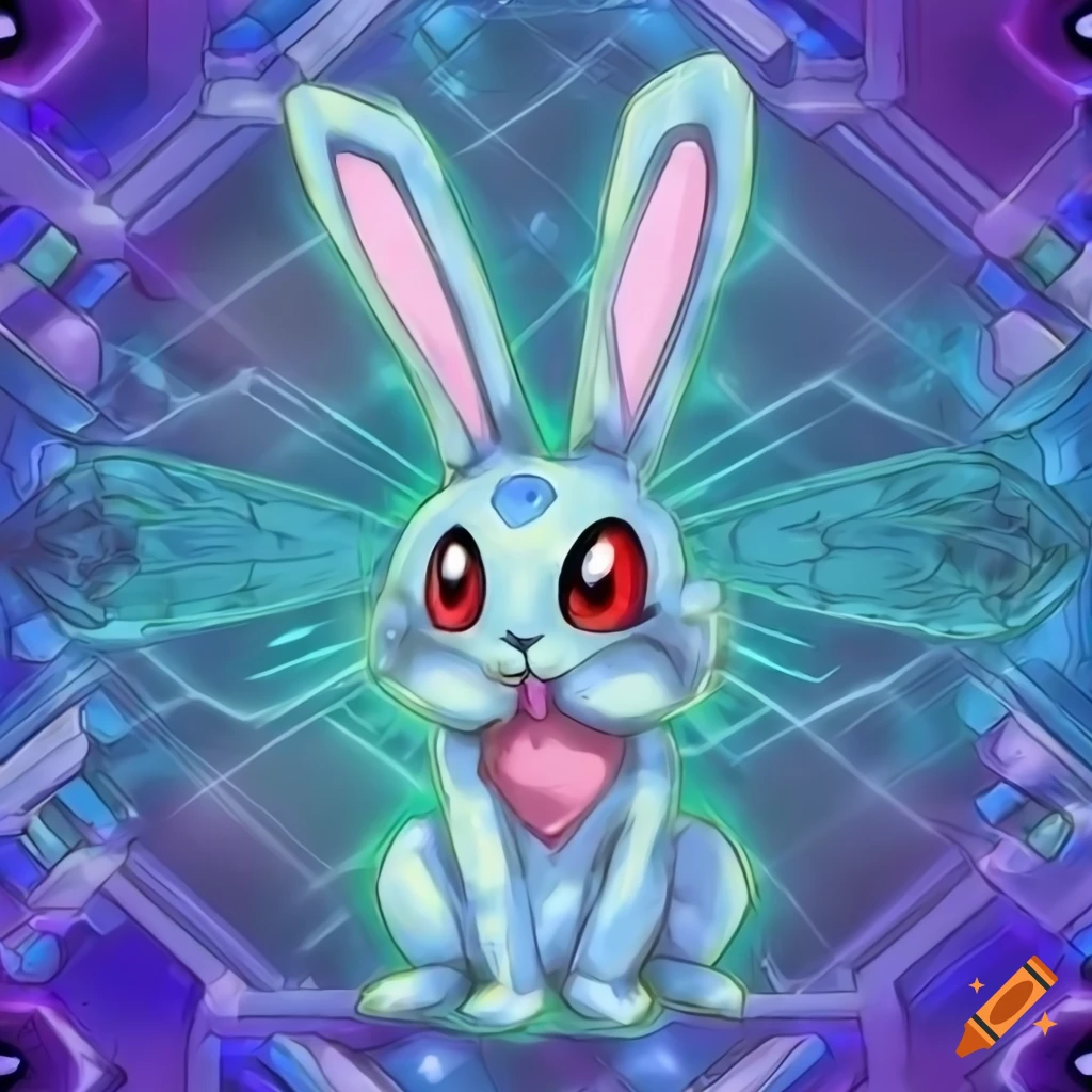 Cute light blue rabbit with red eyes in yu-gi-oh art style on blue ...