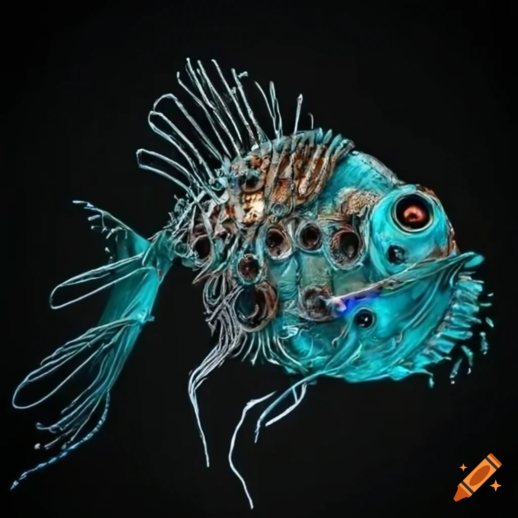 Bio-mechanical decomposed deep sea fish made of scrap metal and burning ...