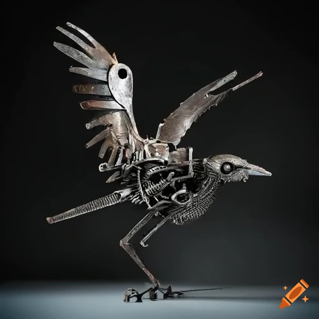 Bio mechanical flying crow sculpture made of scrap metal on Craiyon