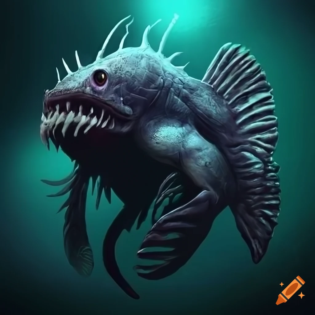 Muscular humanoid anglerfish deep sea monster portrait in black with ...