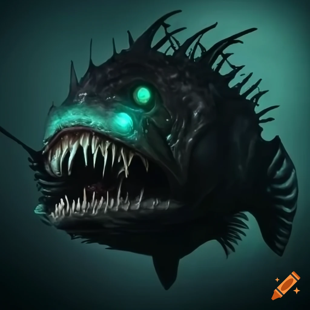 Muscular humanoid anglerfish deep sea monster with glowing black ...