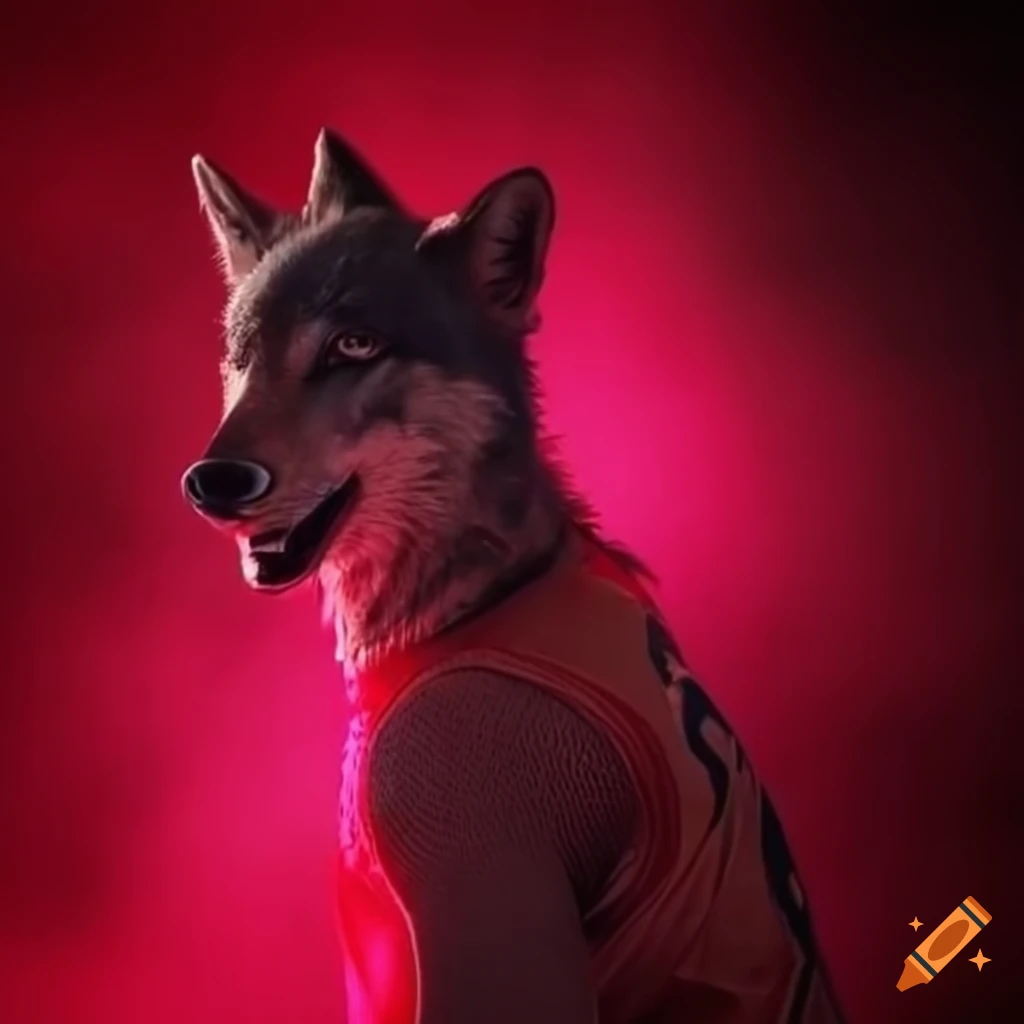 Detailed wolf in a basketball jersey with red smoke background on Craiyon