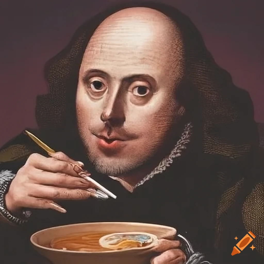 William Shakespeare eating ramen while writing on Craiyon