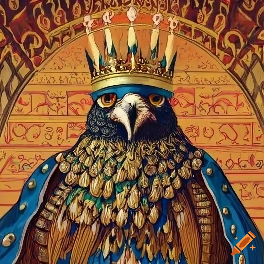 Anthropomorphic eagle bird with king attire, shield and armor, detailed ...