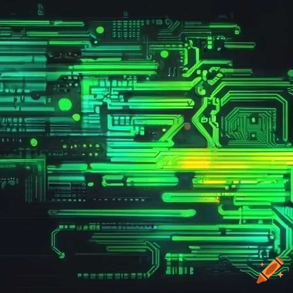Abstract printed circuit board artwork in black and greeny-yellow on ...