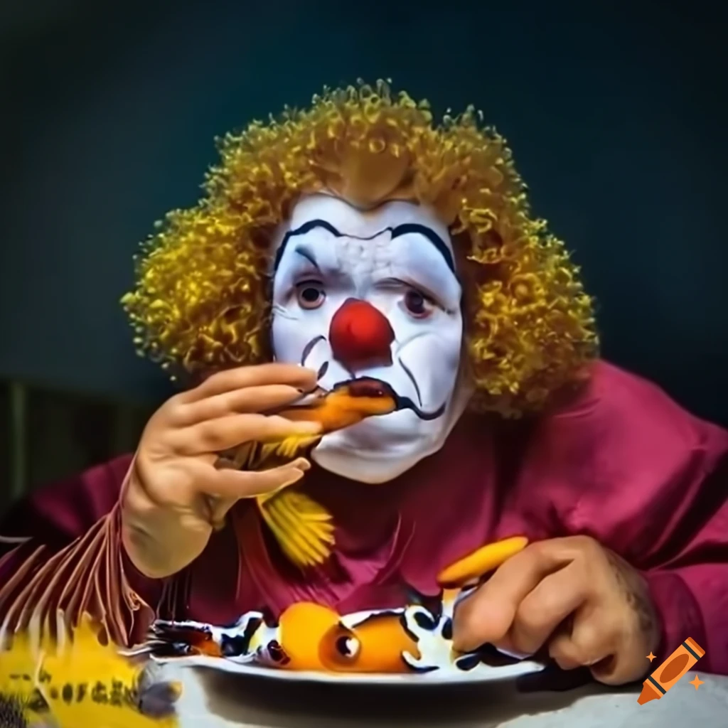 Sad hungry clown eating plate full of clownfish on Craiyon