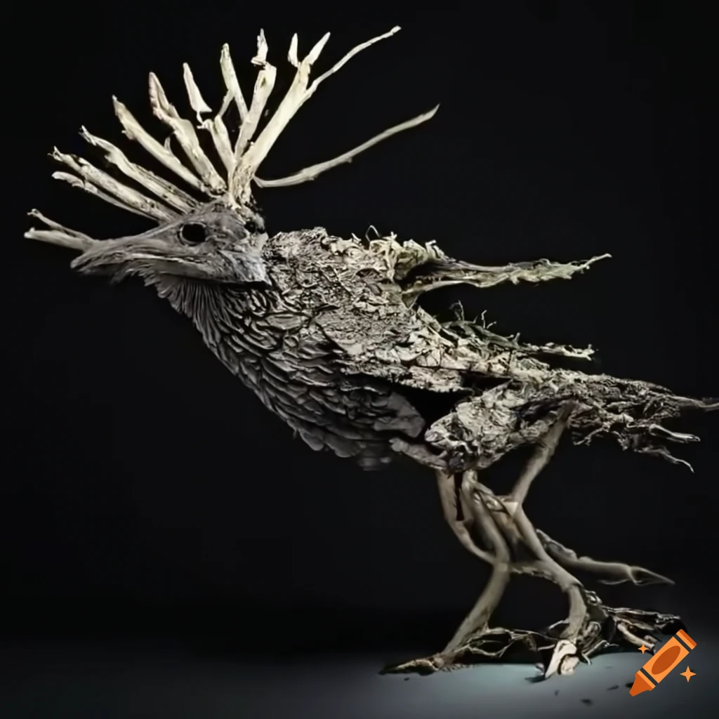 Cubist bio-mechanical raven in flight made from roots and branches with ...