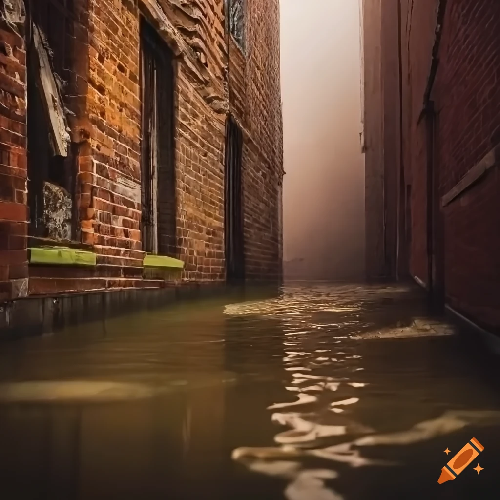 Crumbling flooded corridor leading to abandoned buildings sinking into ...