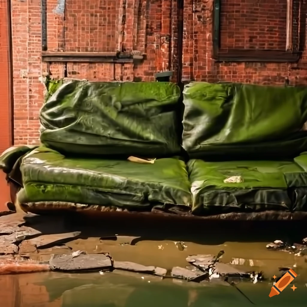 Close-up of a destroyed olive green leather couch in flooded brick ...