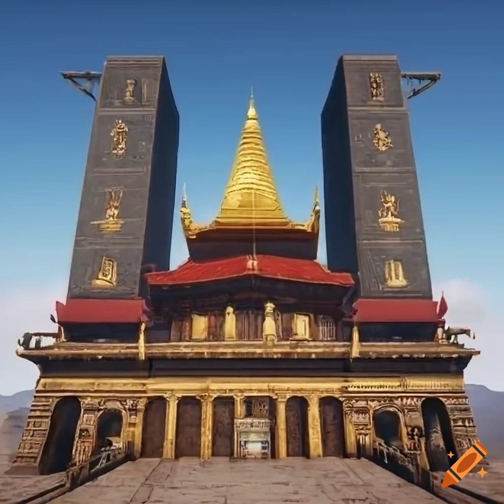 Red-golden temple with black roof and golden towers in a futuristic ...