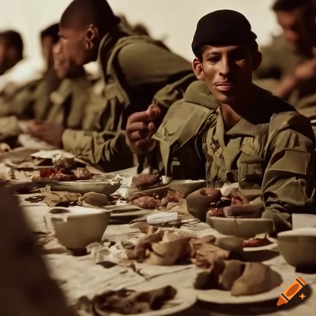 Army soldiers eating in a mess hall at a desert military camp on Craiyon