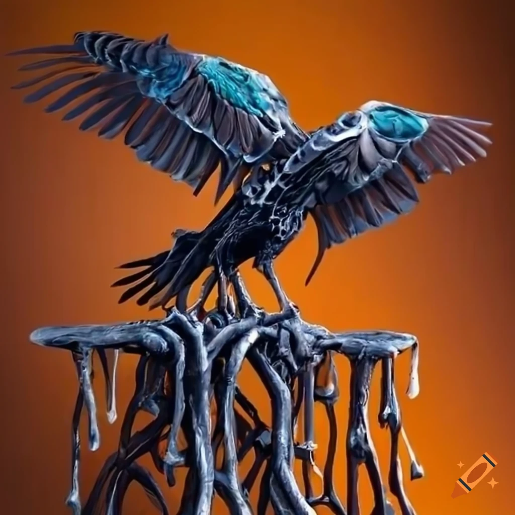 Cubist bio-mechanical raven in flight made from twisted roots and ...