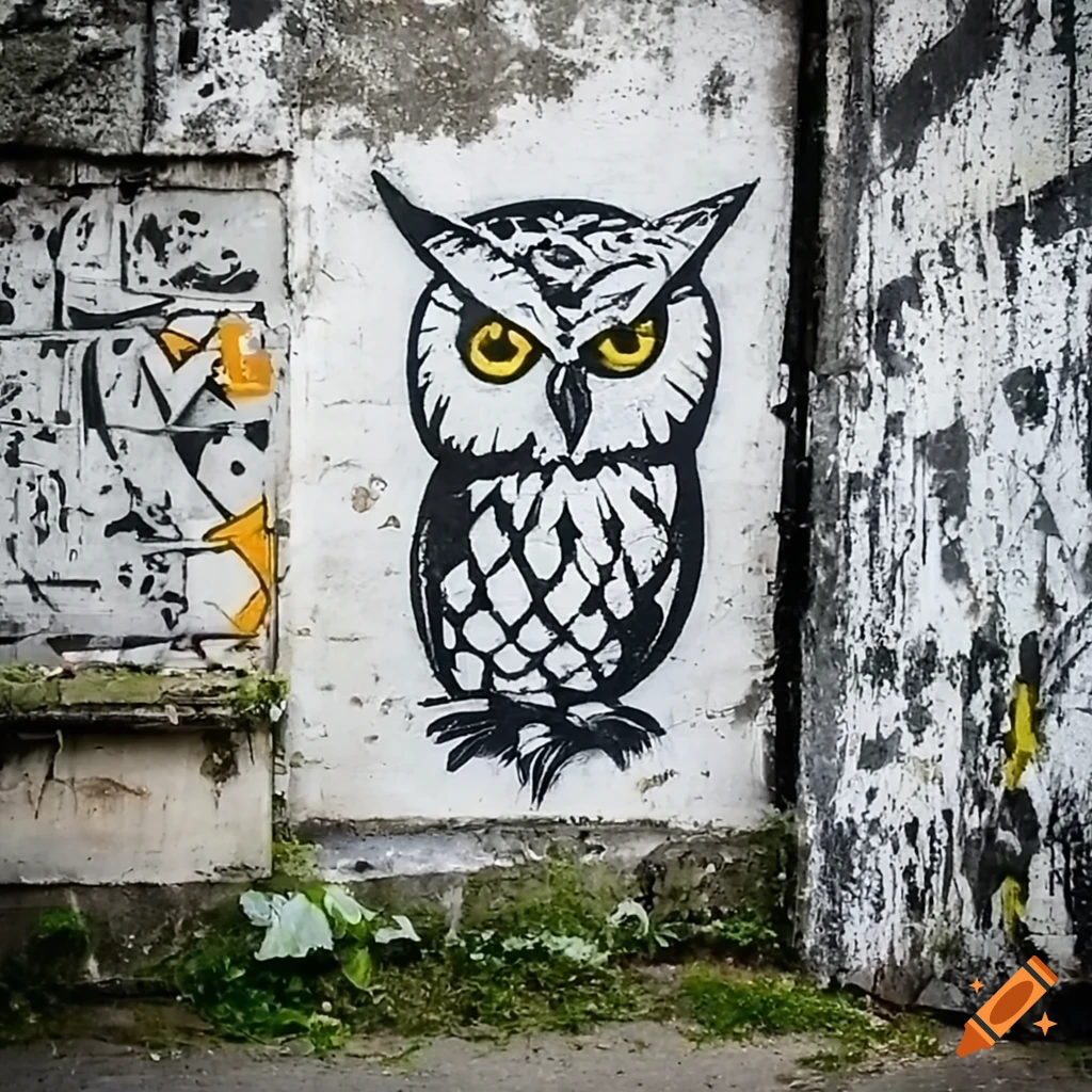 Graffiti owl on branch in alley wall on Craiyon