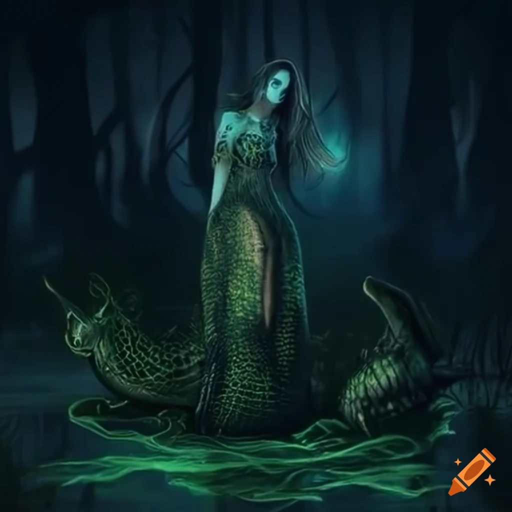 Mysterious witch in a swamp surrounded by glowing creatures and ...