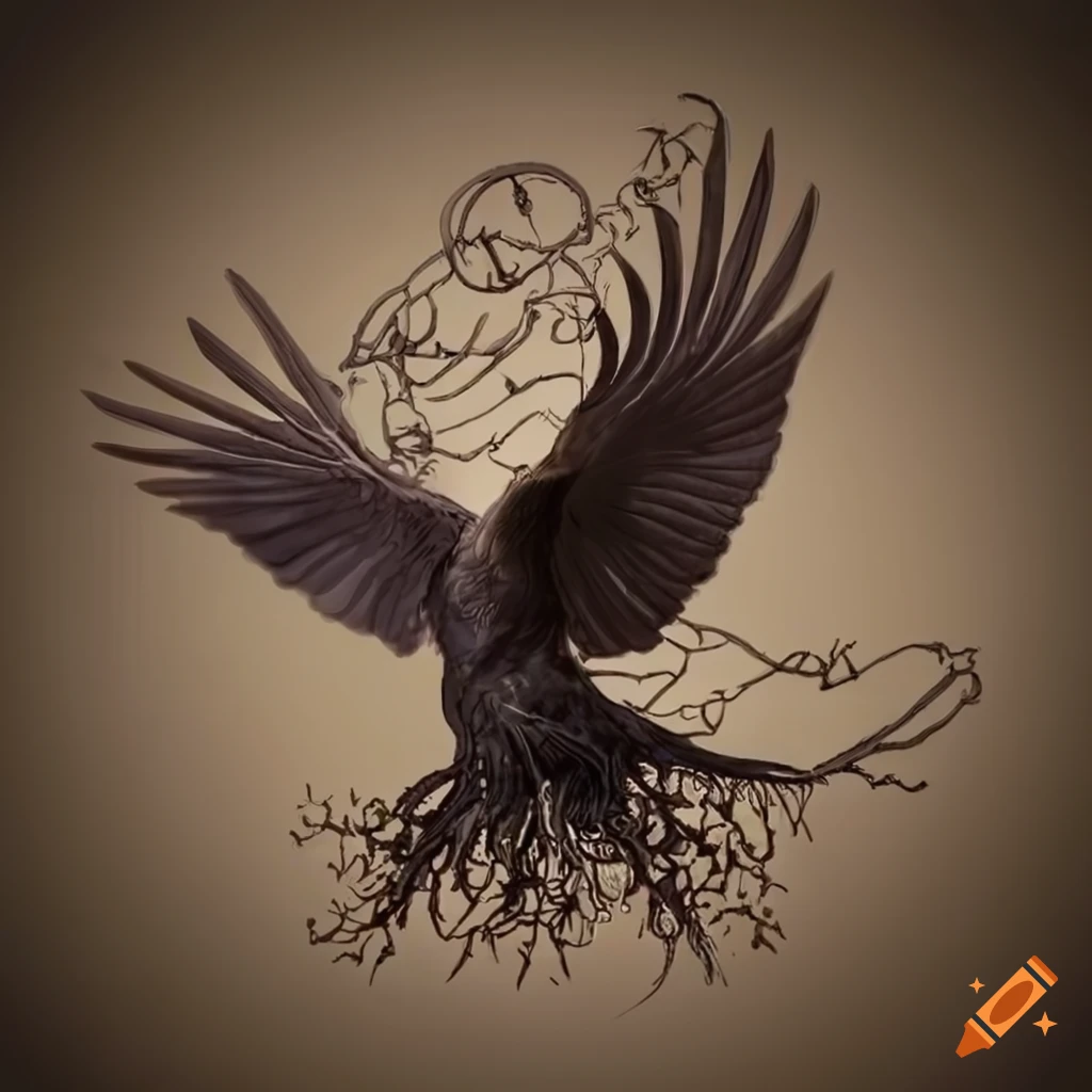 Hi resolution bio-mechanical raven in flight made from twisted roots ...