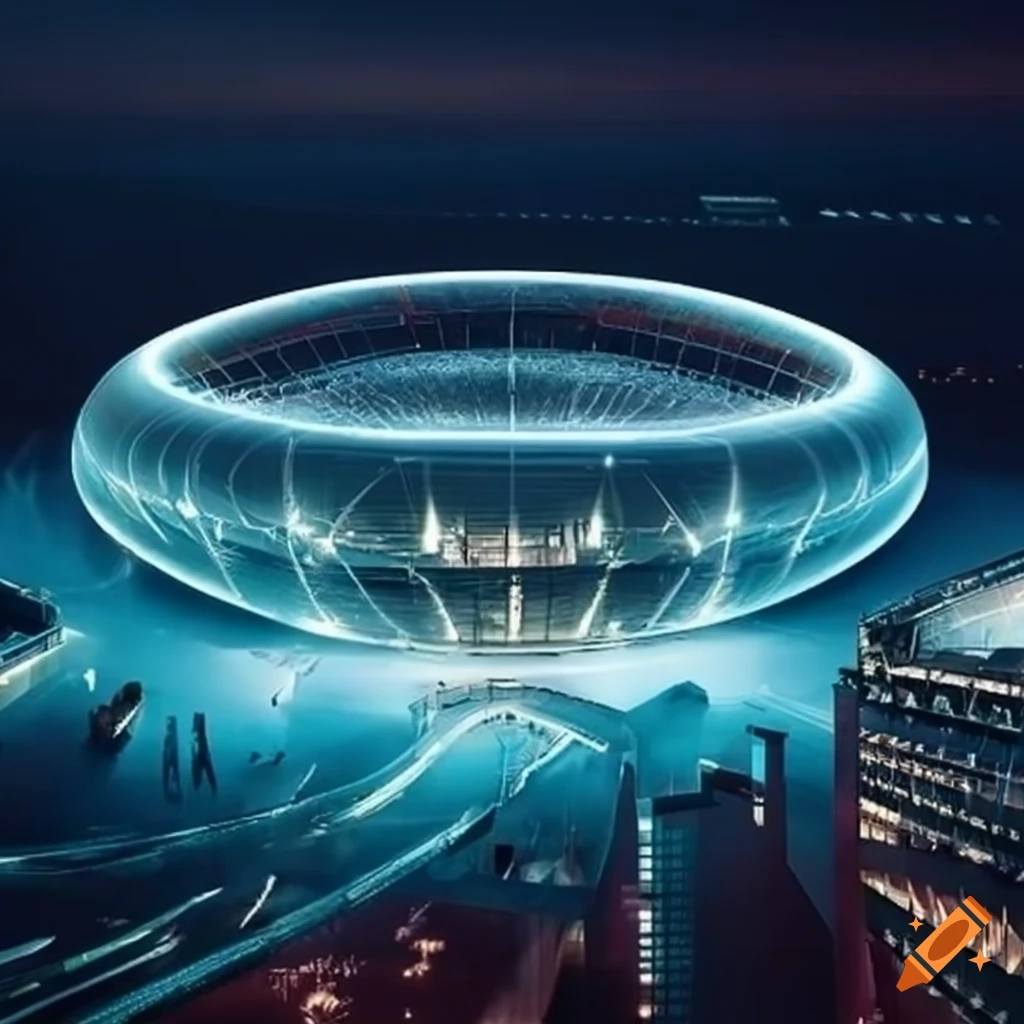 Futuristic stadium with sleek architectural design on Craiyon