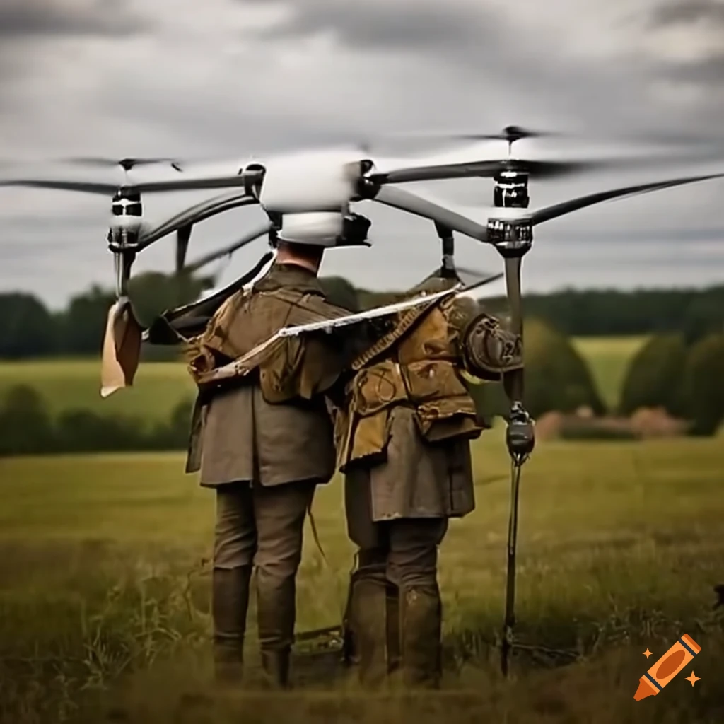 Drones flying in a World War I battle on Craiyon