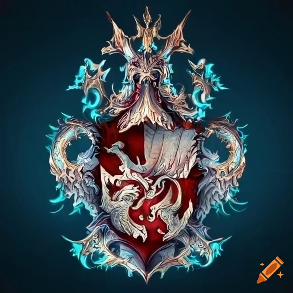 Intricately designed heraldic crest with wolf and dragon fusion on Craiyon