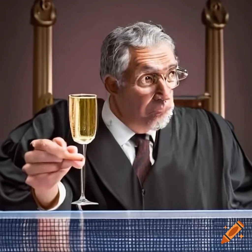 Relaxed judge playing table tennis in chambers with champagne glasses ...