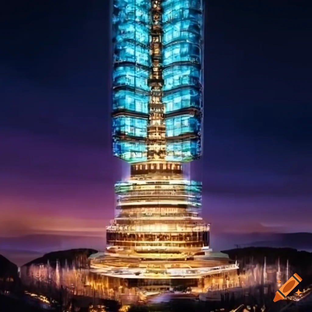 Luxurious towering hotel glowing with giant lights on Craiyon
