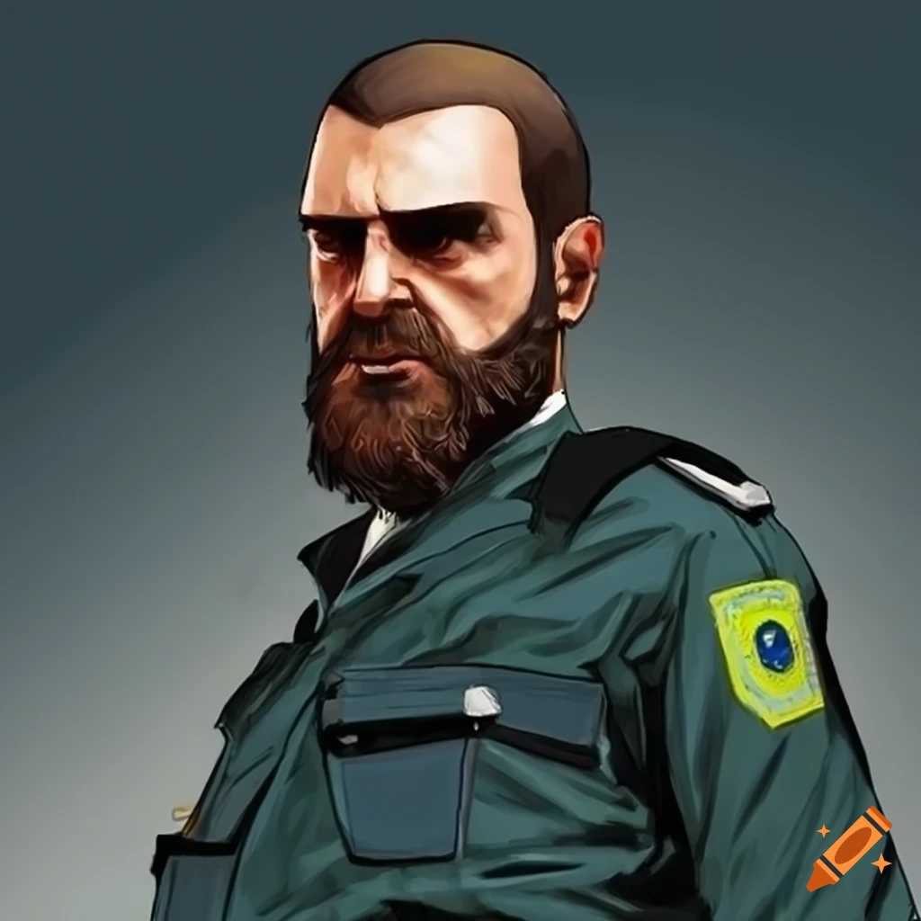 Irish policeman with a beard in a grand theft auto style on Craiyon