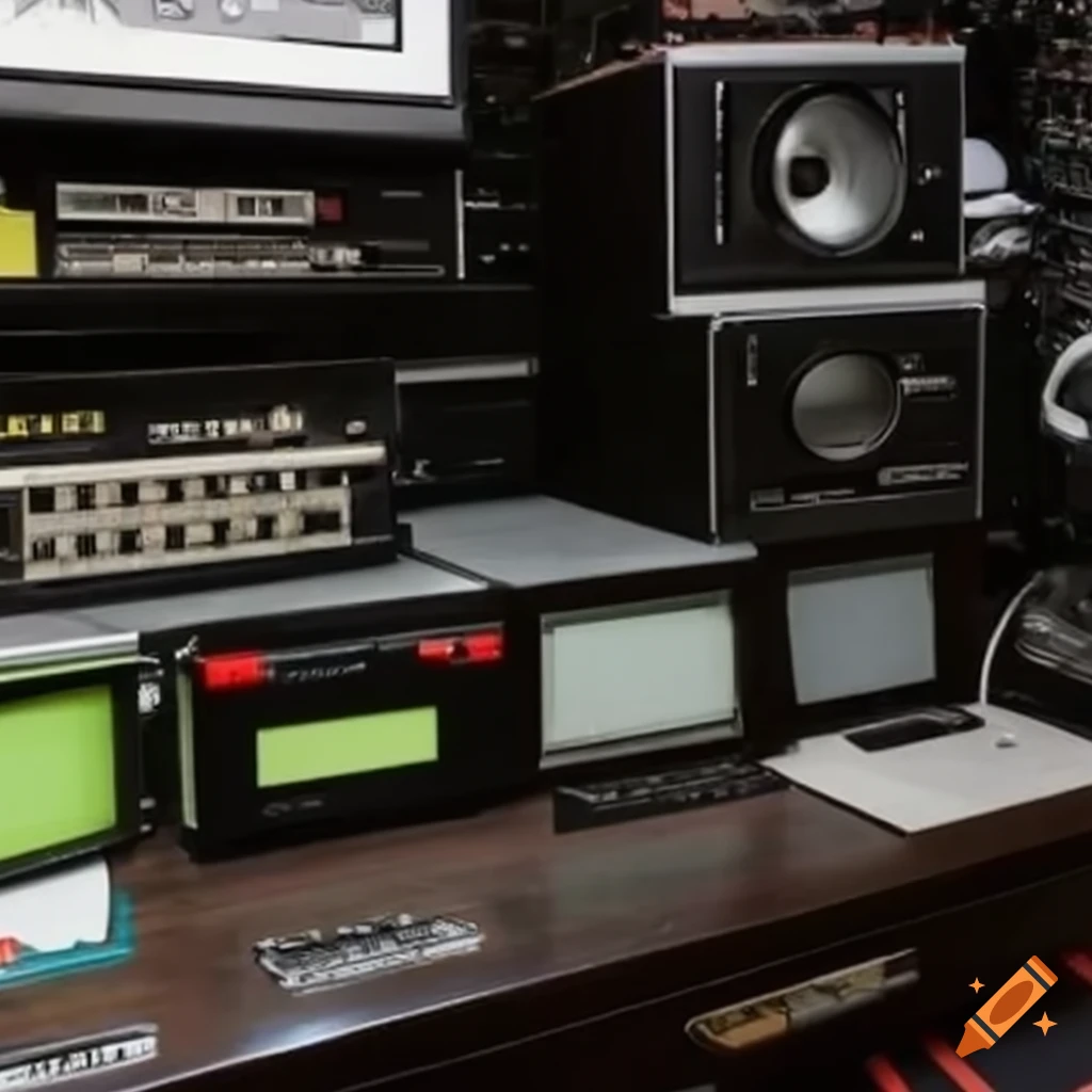 Expansive '80s-themed room with colorful vintage electronics on Craiyon